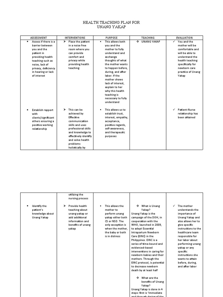 Health Teaching Plan For Unang Yakap | PDF | Health Sciences | Health Care