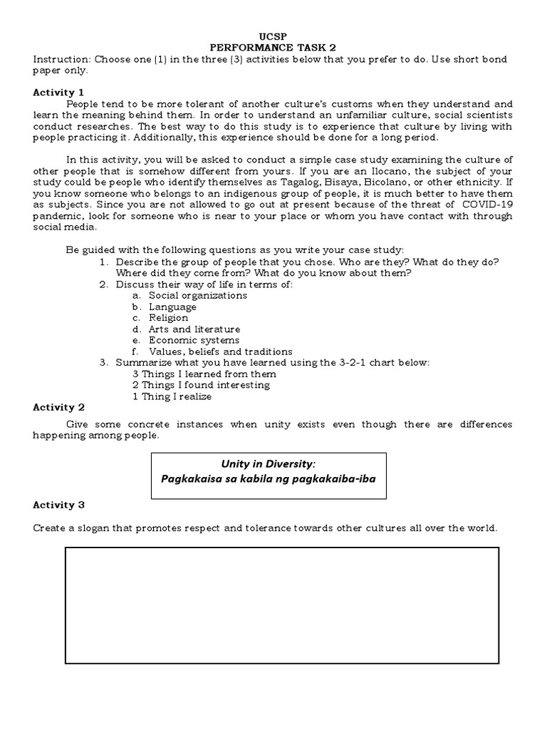 Unity in Diversity: Pagkakaisa Sa Kabila NG Pagkakaiba-Iba: Ucsp Performance Task 2 | PDF