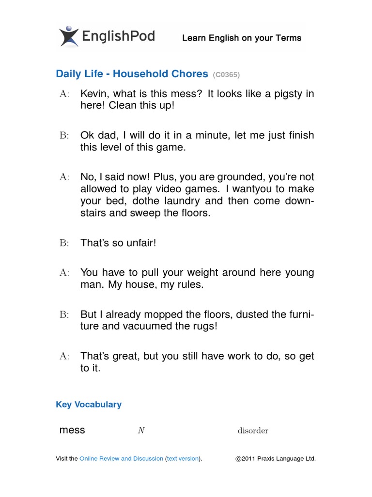 Daily Life - Household Chores: Key Vocabulary | PDF