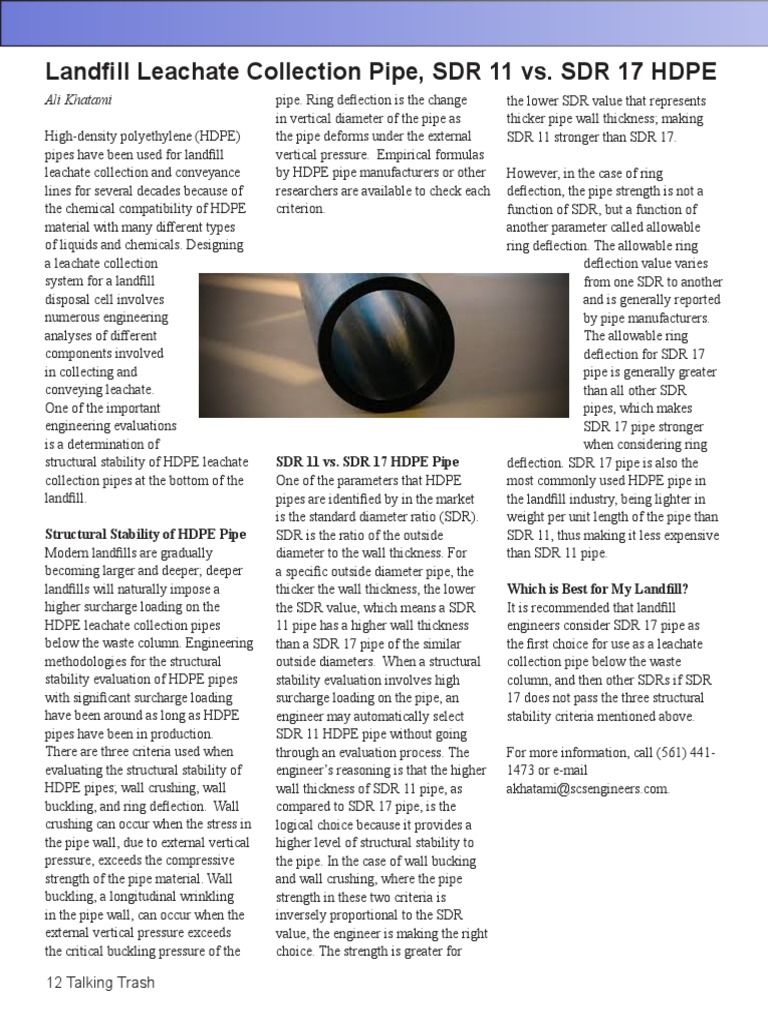 Landfill Leachate Collection Pipe, SDR 11 vs. SDR 17 HDPE: Ali Khatami | PDF | Pipe (Fluid ...