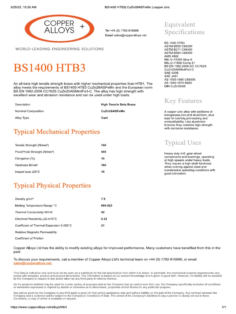 BS1400 HTB3 - CuZn28Al5FeMn - Copper Zinc | PDF