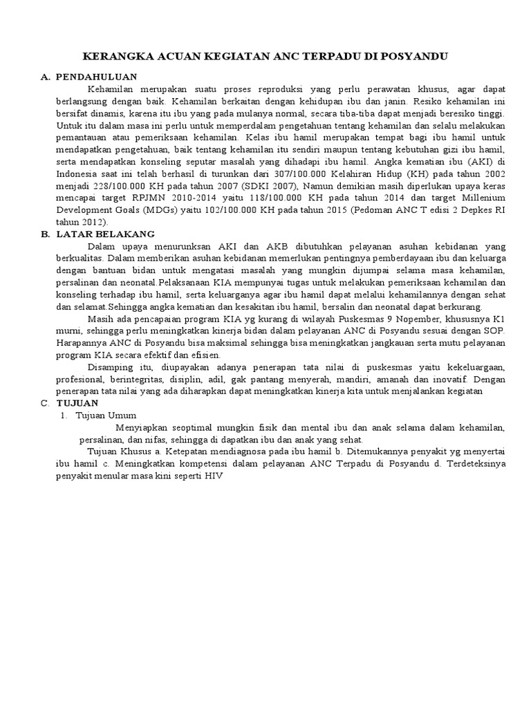 Kerangka Acuan Kegiatan Anc Terpadu Di Posyandu | PDF