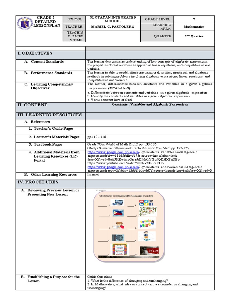 7 - (M7ME-IIc-3) Constants, Variables and Algebraic Expressions | PDF ...