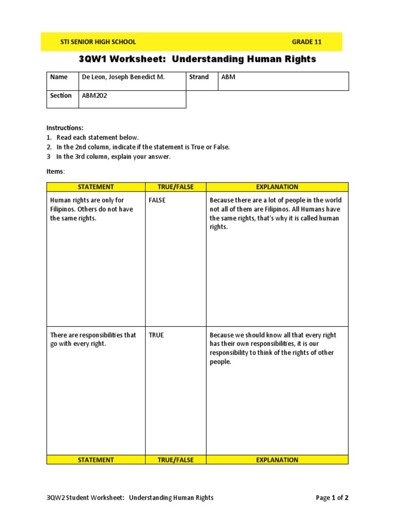 3QW1 Worksheet: Understanding Human Rights | PDF