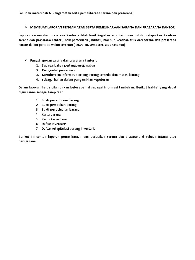 Membuat Laporan Pengamatan Serta Pemeliharaan Sarana Dan Prasarana Kantor | PDF
