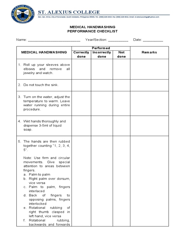 Medical Handwashing Performance Checklist | PDF