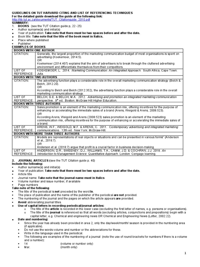 Guidelines On Tut Harvard Citing and List of Referencing Techniques ...