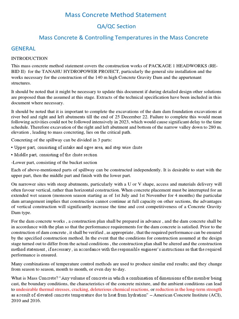 MASS CONCRETE METHOD STATEMENT_final | PDF | Concrete | Dam