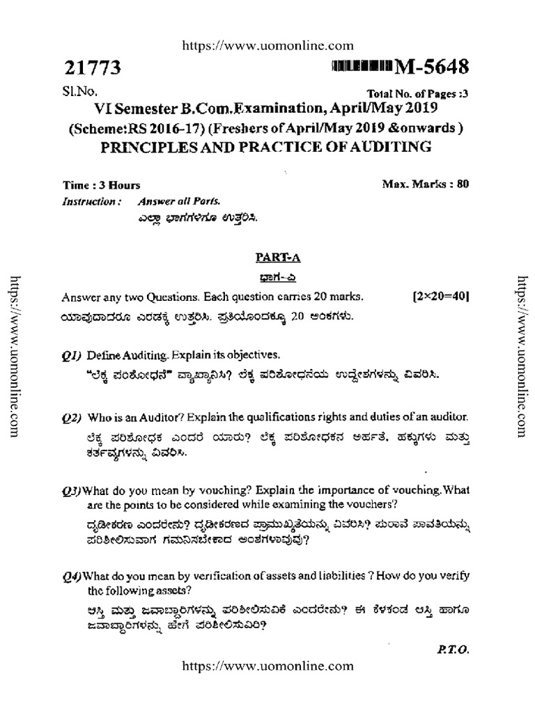 Bcom 6 Sem Principles and Practice of Auditing M 5648 May 2019 | PDF