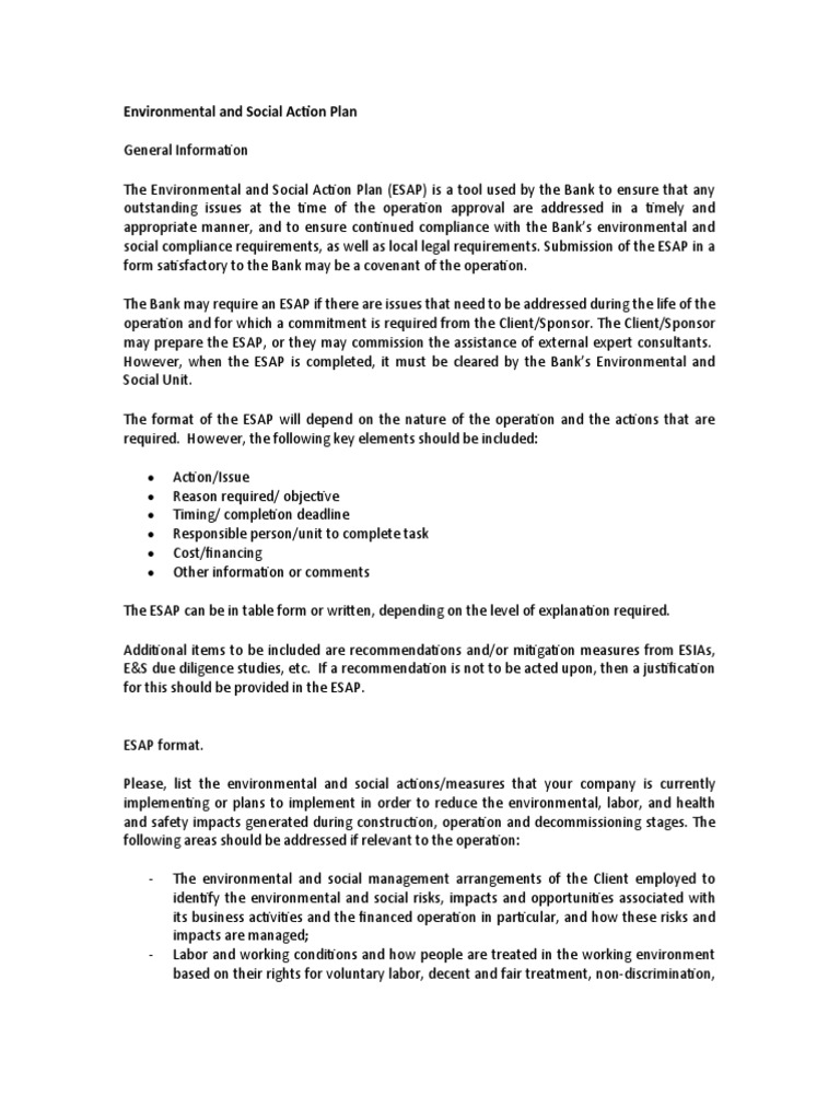 Environmental and Social Action Plan Guide | PDF | Occupational Safety ...