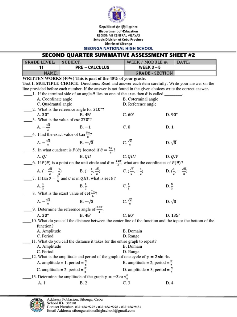 Assessment Sheet Pre Calculus q2 2 | PDF | Trigonometric Functions | Triangle Geometry