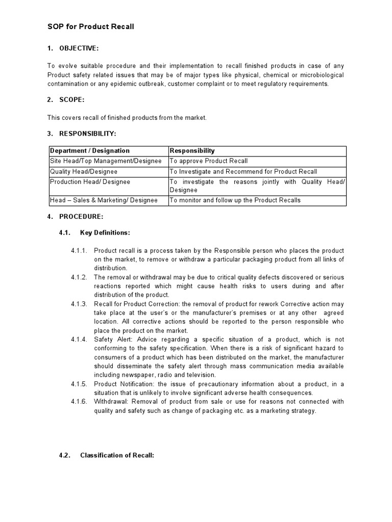 SOP For Product Recall | Download Free PDF | Packaging And Labeling ...