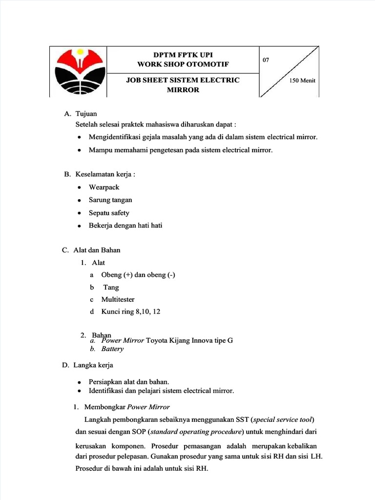 Jobsheet Electrical Mirro | PDF | Teknologi & Rekayasa