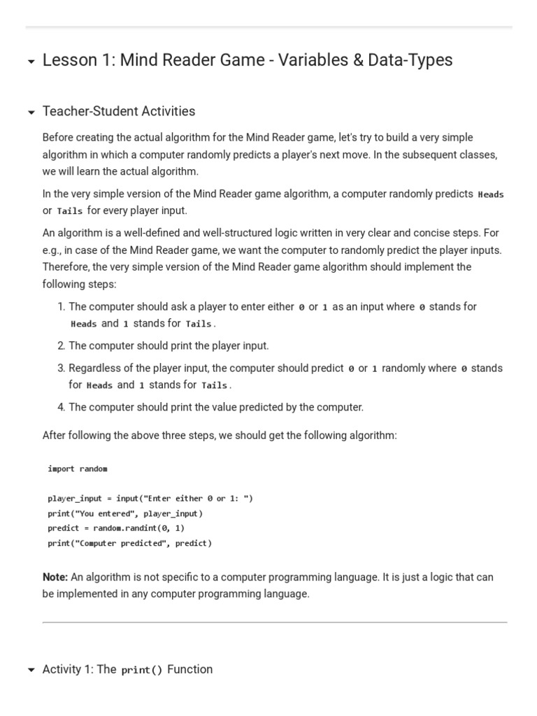 Lesson 1: Mind Reader Game - Variables & Data-Types: Teacher-Student Activities | PDF | Boolean ...