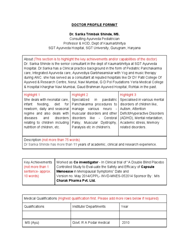Doctor Profile Format Dr. Sarika Trimbak Shinde, MS | PDF | Pediatrics ...