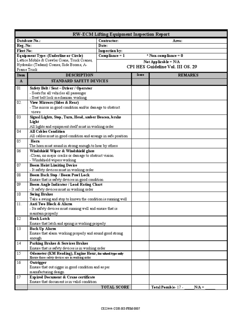 C822444-COR-HS-FRM-0007 Lifting Equipment Inspection Form | PDF | Crane ...