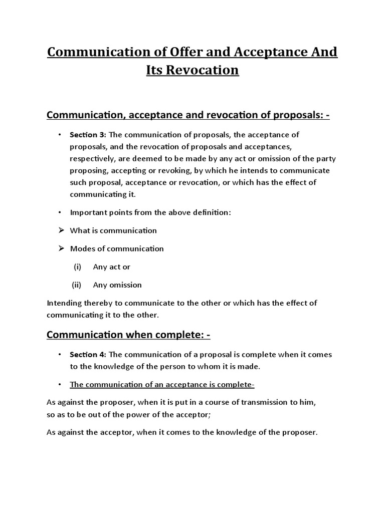 Communication of Offer and Acceptance and Its Revocation Notes | PDF ...