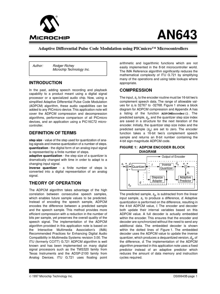 Adaptive Differential Pulse Code Modulation Using Picmicro™ Microcontrollers | PDF | Data ...