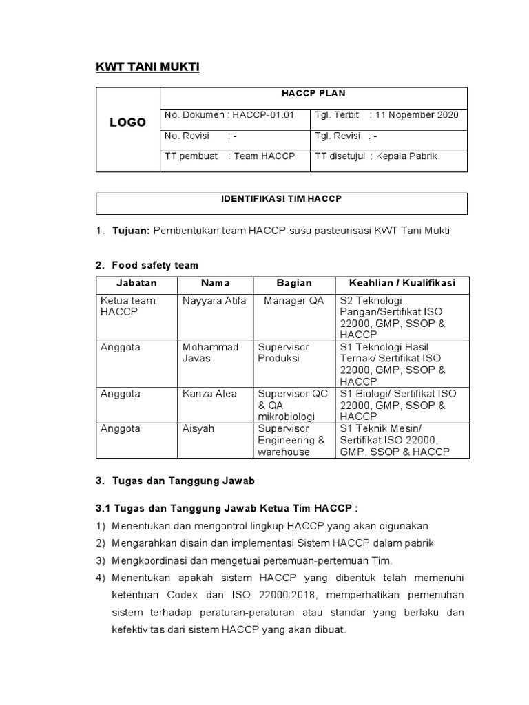 Form 2. Contoh HACCP-01 IDENTIFIKASI TIM HACCP-Tika Kartika | PDF