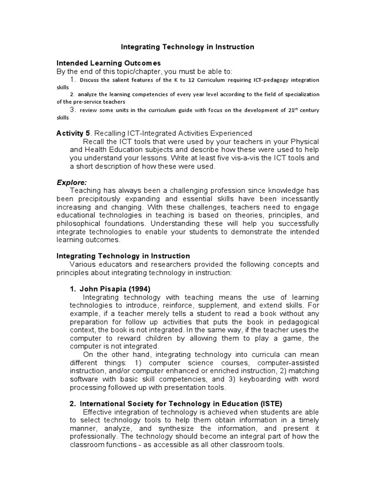 Integrating Technology in Instruction Intended Learning Outcomes | PDF ...