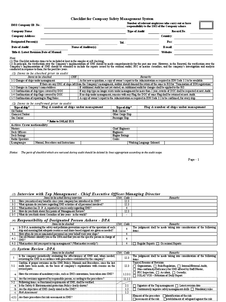 ISM DOC Audit Checklist PDF | PDF | Audit | Risk