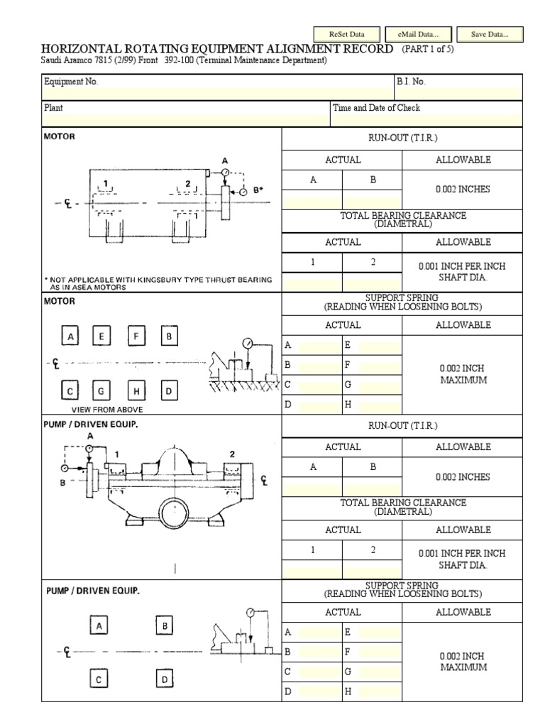 Horizontal Rotating Equipment Alignment Record: Save Data... Email Data ...