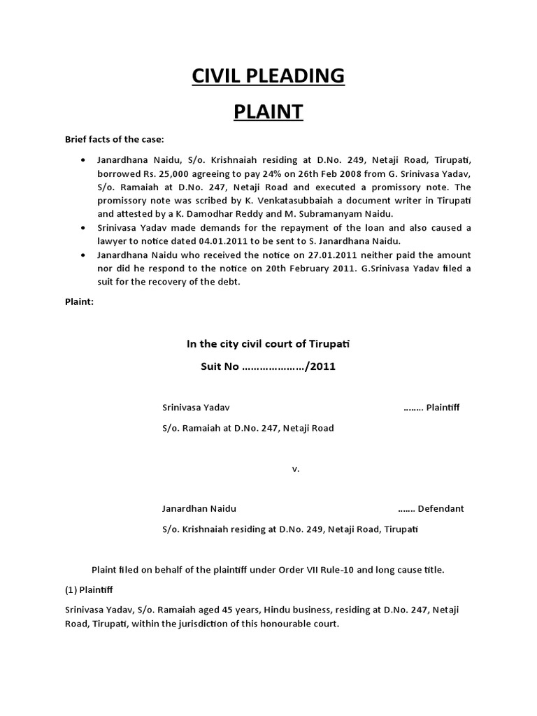 Civil Pleading Plaint: Brief Facts of The Case | PDF | Lawsuit | Lease