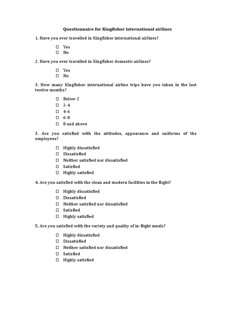Questionnaire For Kingfisher International Airlines | PDF | Airlines ...