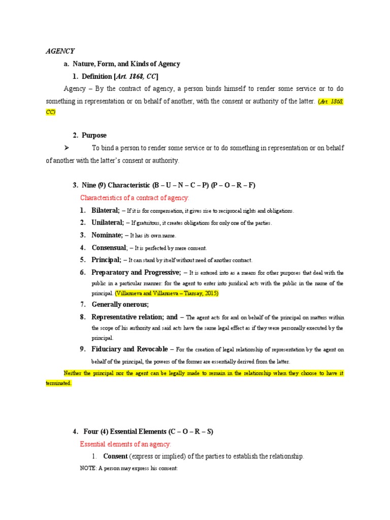Agency: Characteristics of A Contract of Agency | PDF | Law Of Agency ...