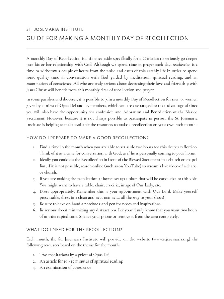 A Guide to Making a Monthly Day of Recollection: Resources for ...