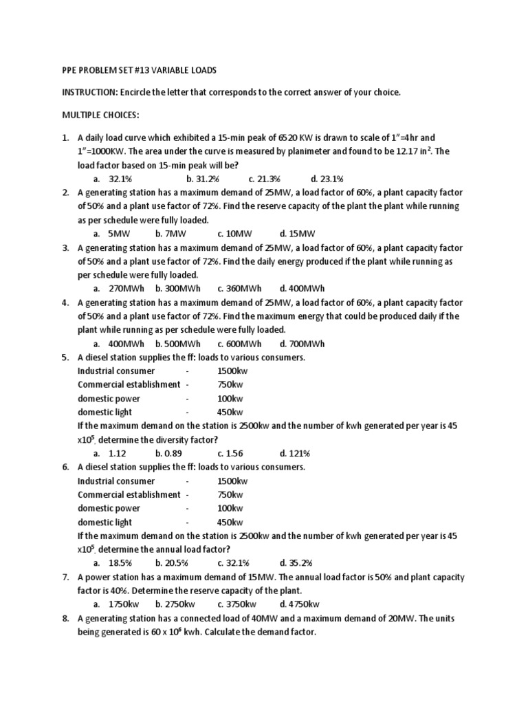 Ppe Problem Set - Variable Loads | PDF | Power Station | Watt