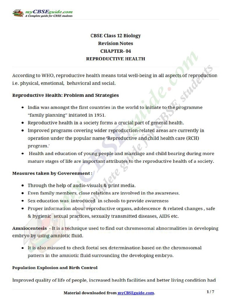 12 Biology Notes Ch04 Reproductive Health | PDF
