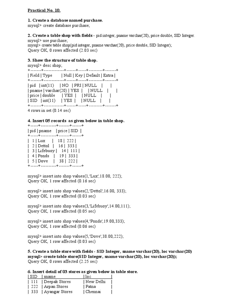 Mysql Code To Create Table, Enter Record and Display Records | PDF ...