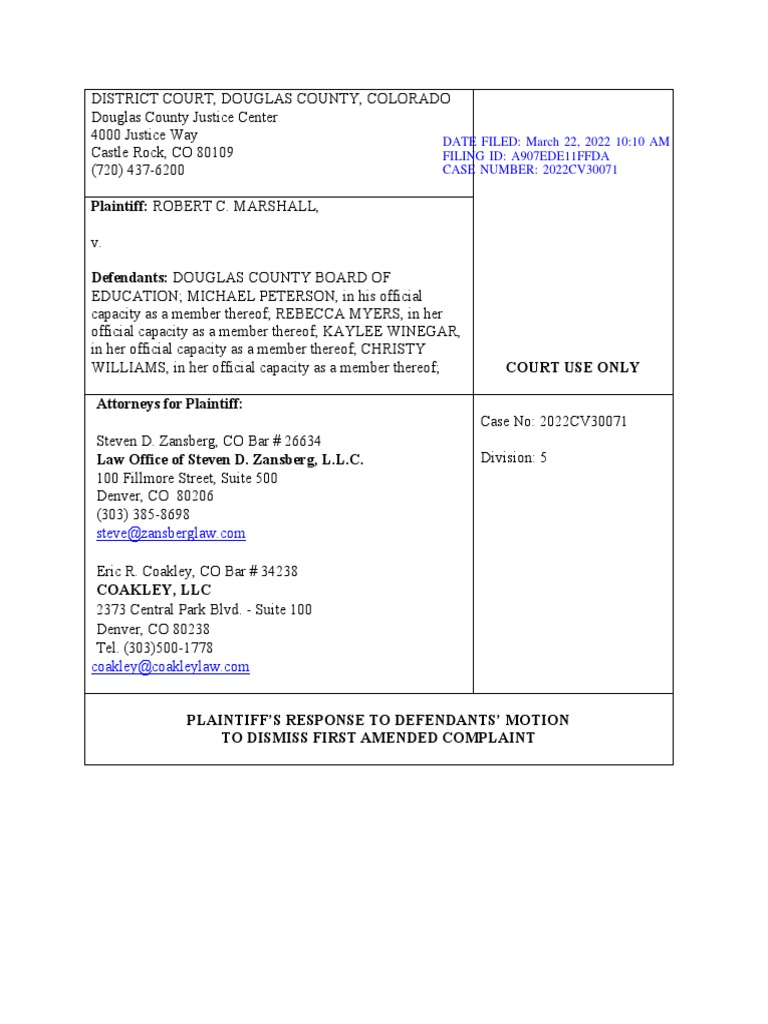 Robert Marshall v. Douglas County Board of Education, Et Al.: Plaintiff ...