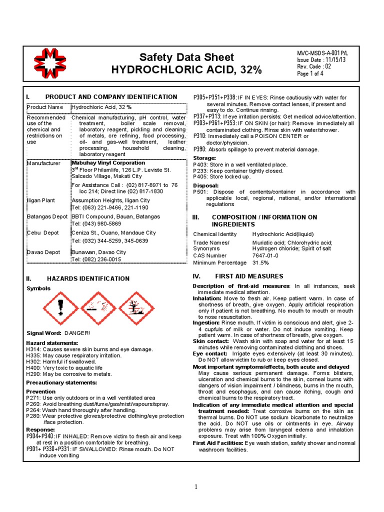 Safety Data Sheet Hydrochloric Acid, 32% | PDF | Chlorine | Water