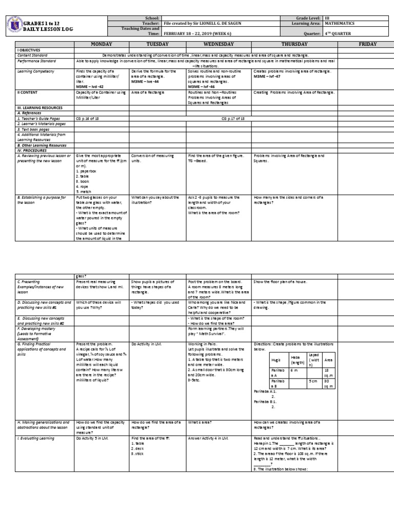 DLL Quarter 4 Week 6 MATHEMATICS 3 | PDF | Area | Learning