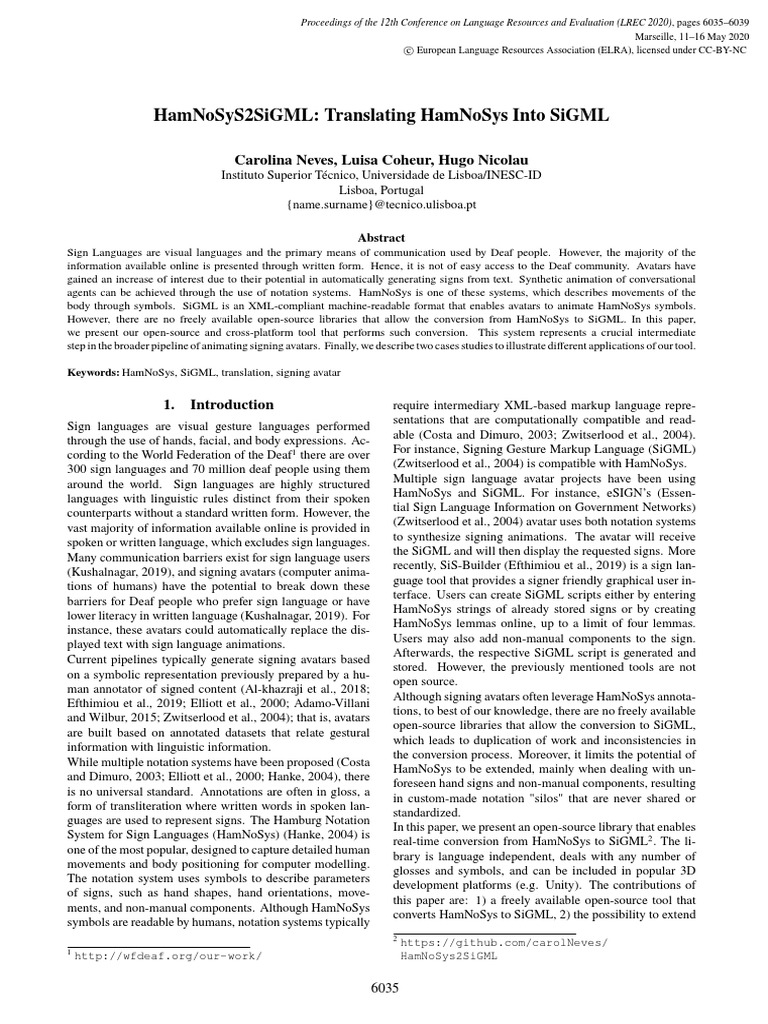 Hamnosys2Sigml: Translating Hamnosys Into Sigml: Carolina Neves, Luisa ...