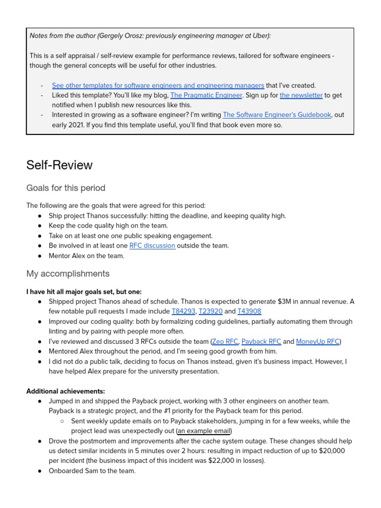 Performance Review Example (Tailored For Software Engineers ...