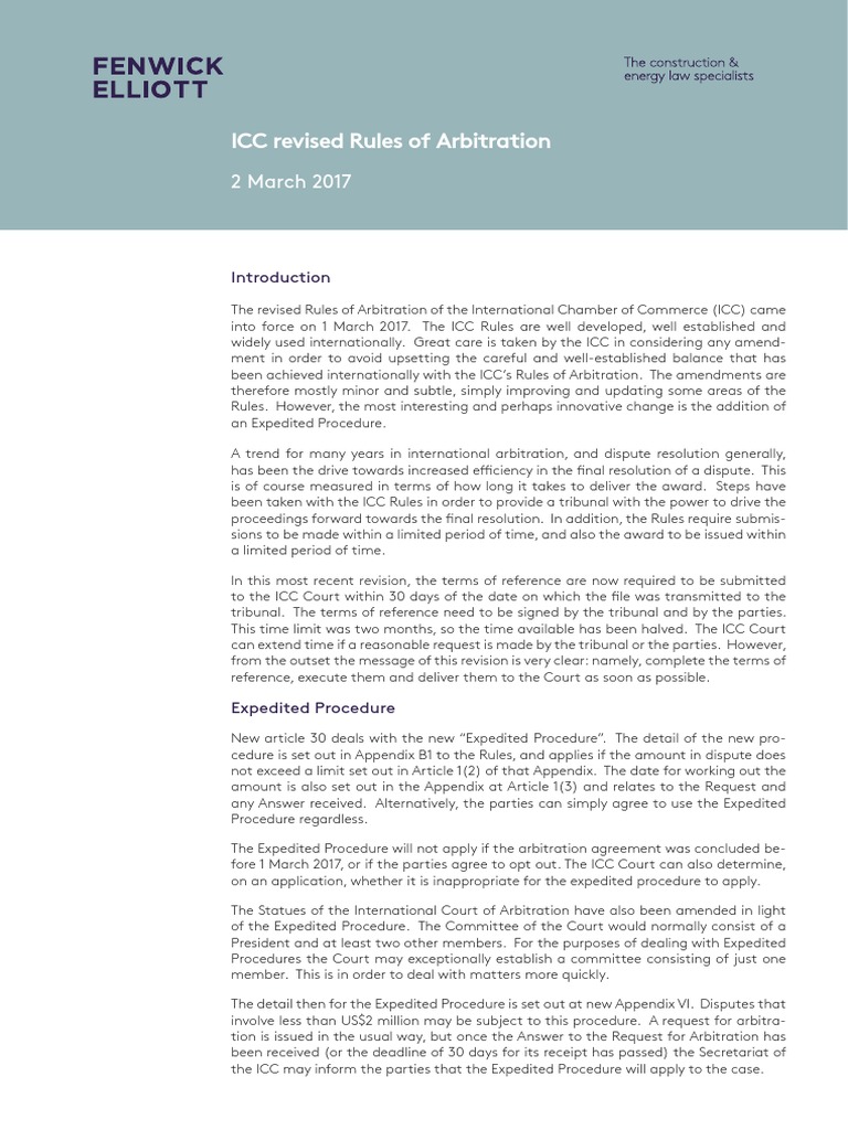 ICC Arbitration Rules Update 2017 | PDF | Arbitral Tribunal | Arbitration