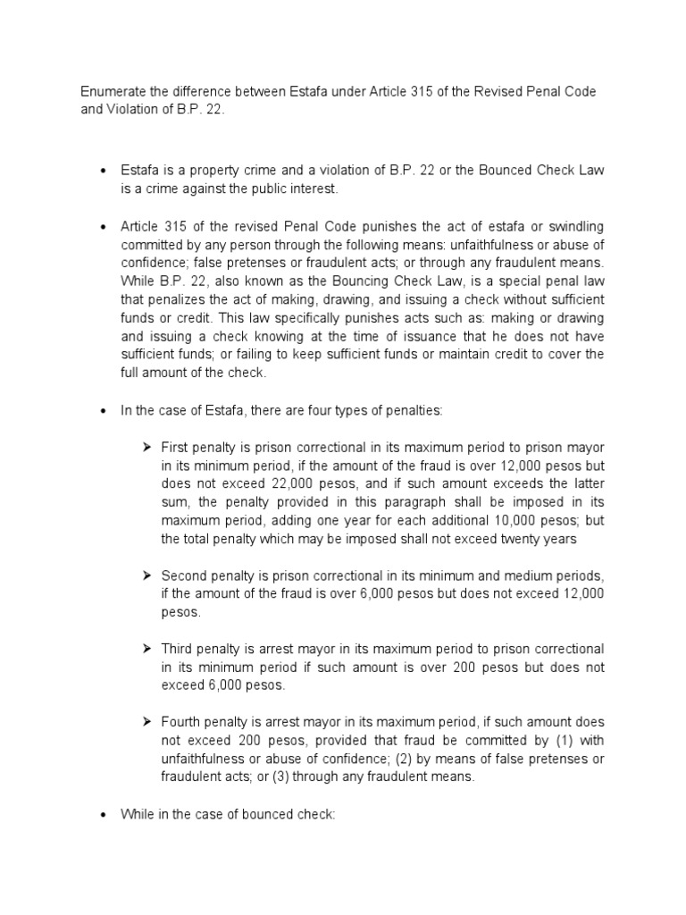 Enumerate The Difference Between Estafa Under Article 315 of The ...