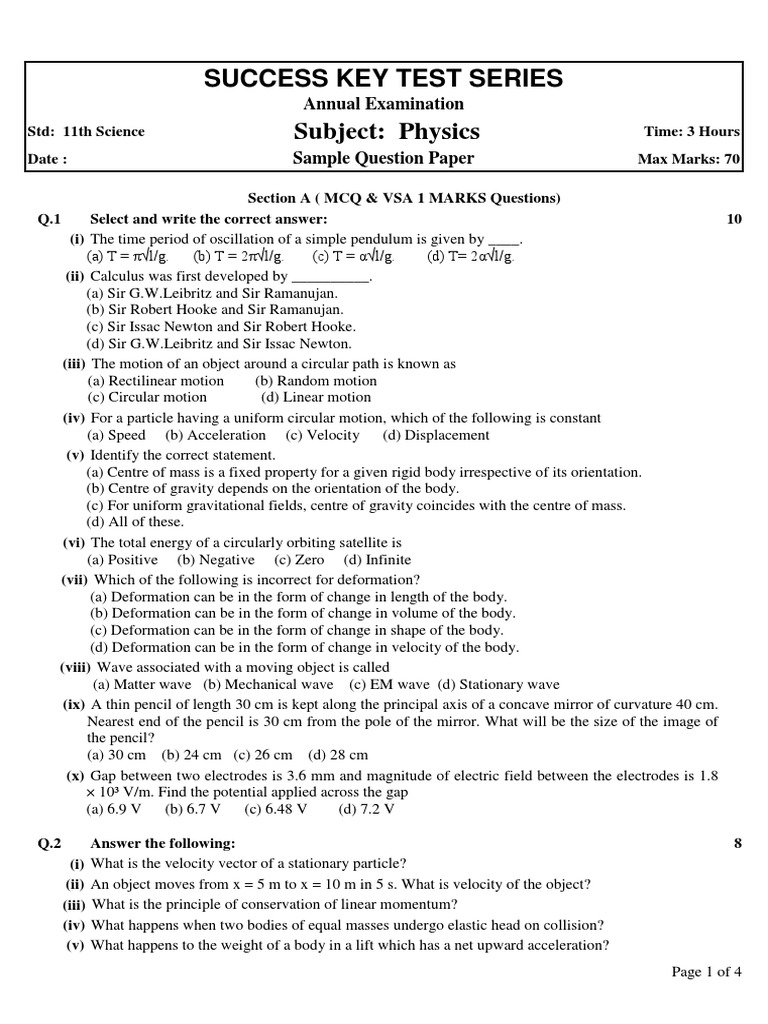Success Key Test Series Subject: Physics: Annual Examination | PDF ...