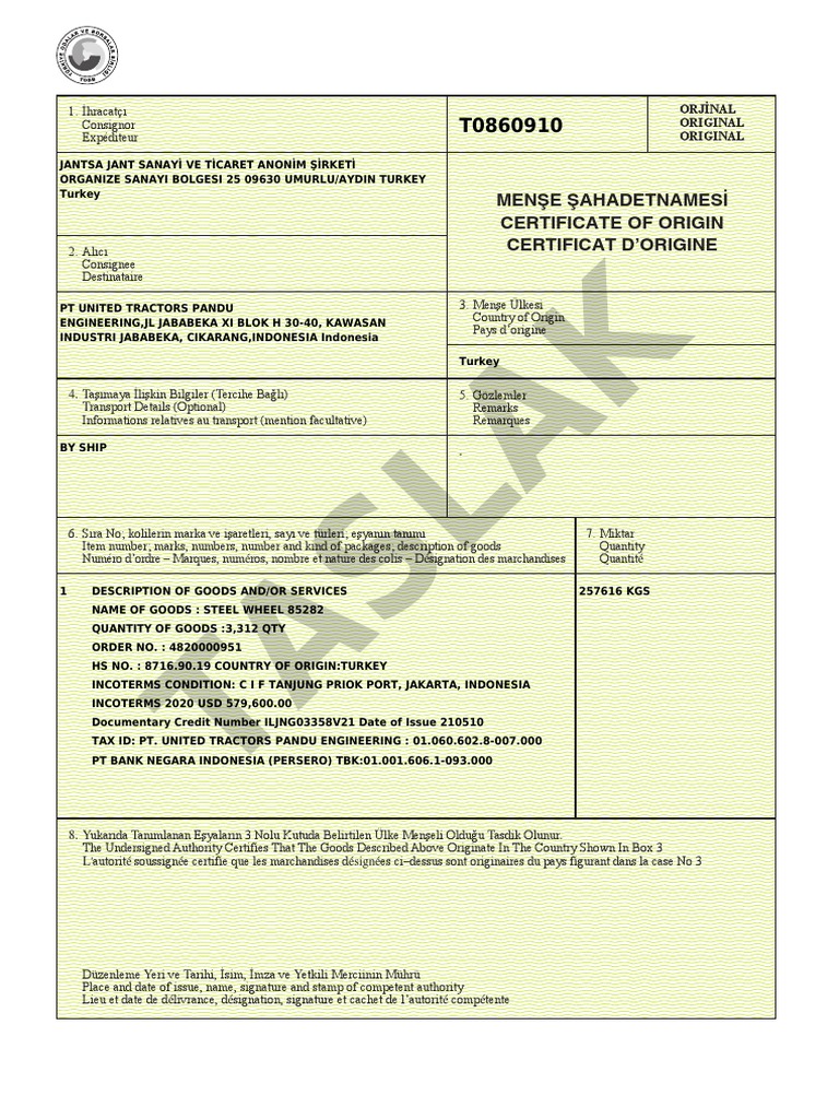 Taslak: Menşe Şahadetnamesi Certificate of Origin Certificat D'Origine | PDF