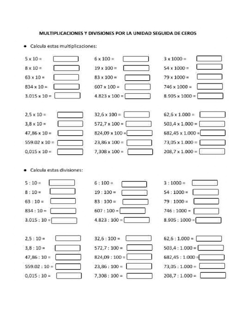 Multiplicar y Dividir Por 10 100 1000 | PDF