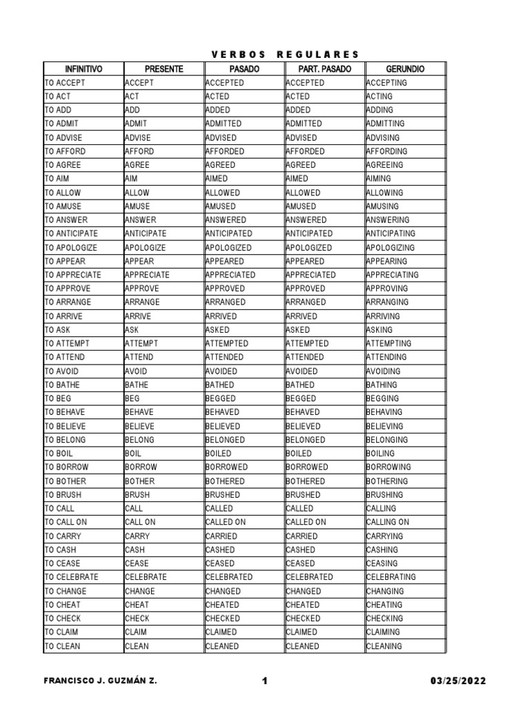 Lista de Verbos (2020 - 2021) | PDF | Sintaxis | Gramática
