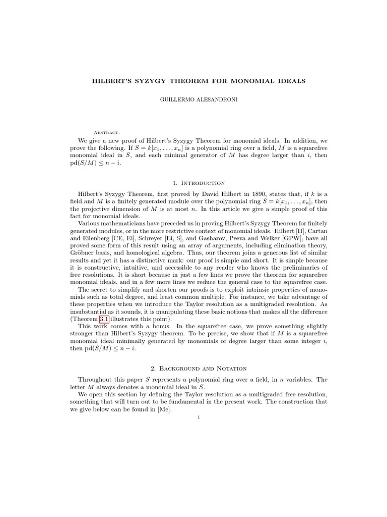 Hilberts Syzygy Theorem For Monomial Ideals | Download Free PDF | Ring (Mathematics) | Field ...