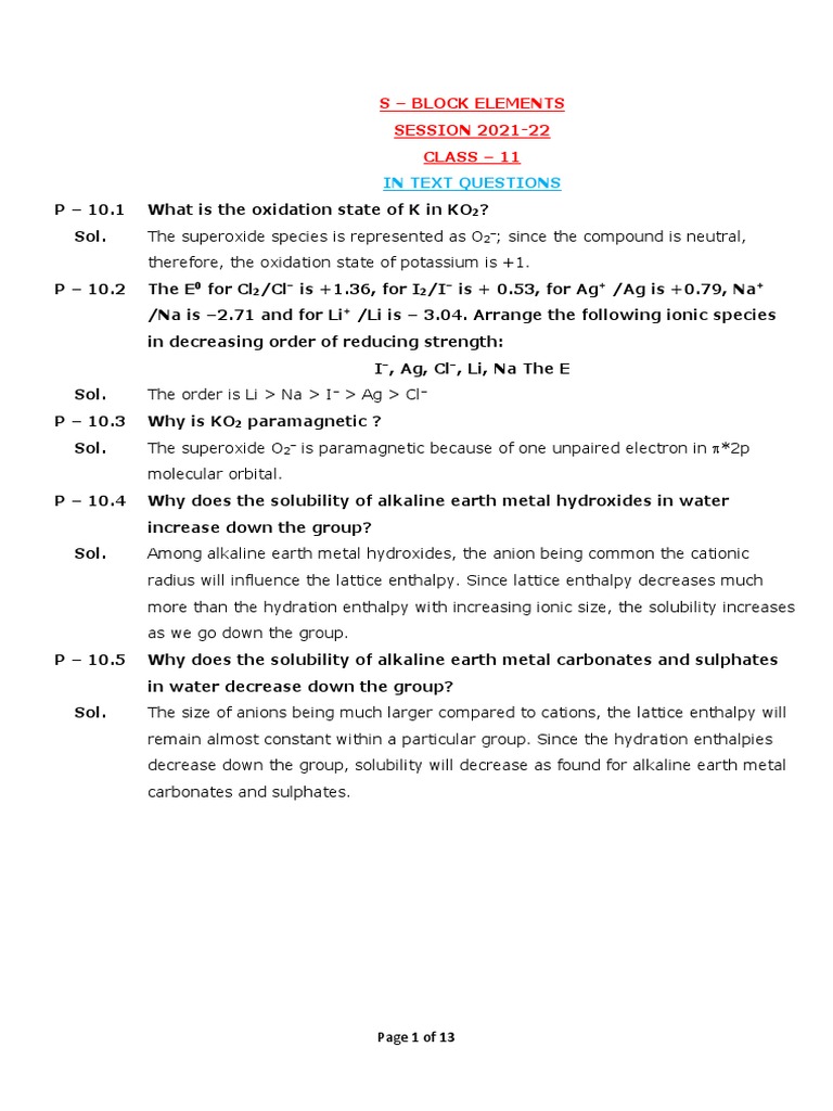 S - Block Elements, Class 11 | PDF | Ionic Bonding | Sodium