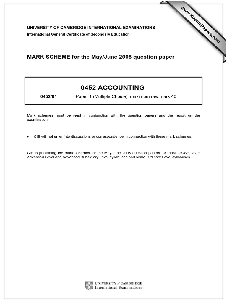 0452 Accounting: MARK SCHEME For The May/June 2008 Question Paper | PDF ...