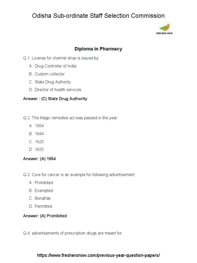 OSSSC Pharmacist Exam Question Paper | PDF | Pharmacy | Drugs