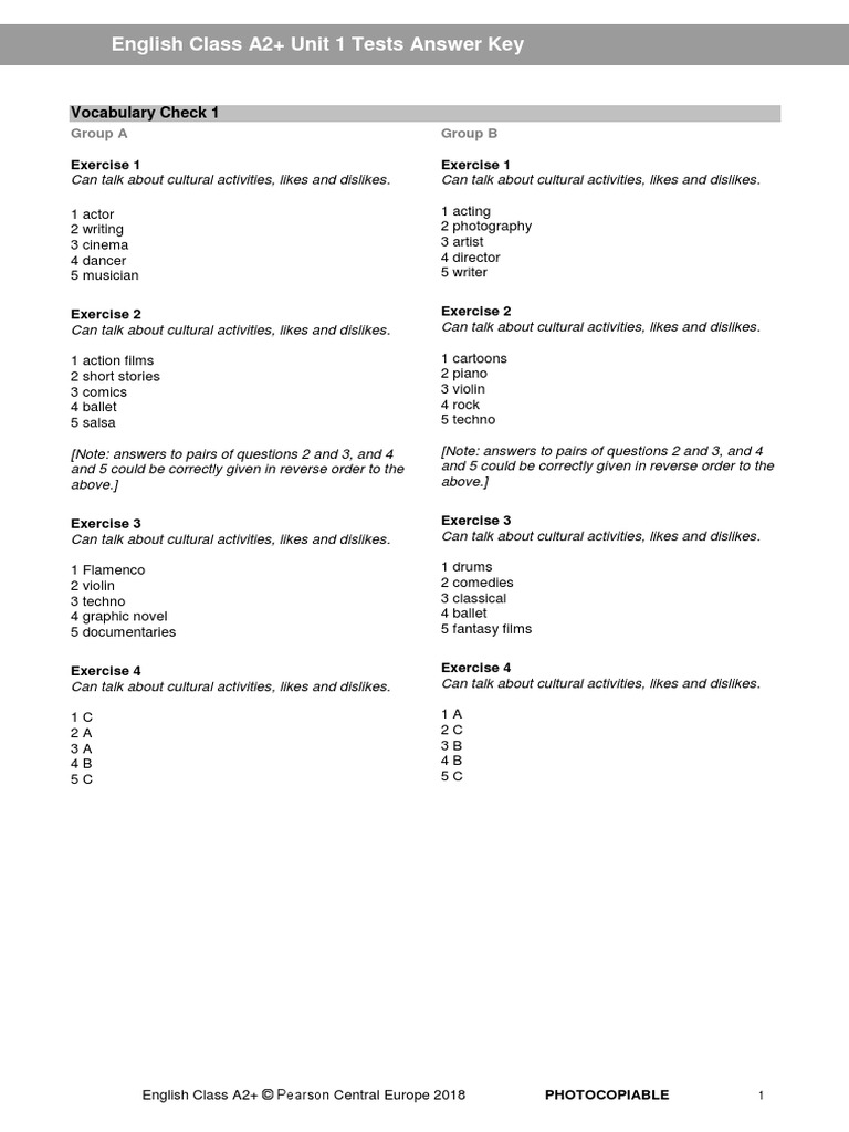 ECA2+ - Tests - Unit 1 - Key - 2018 | PDF