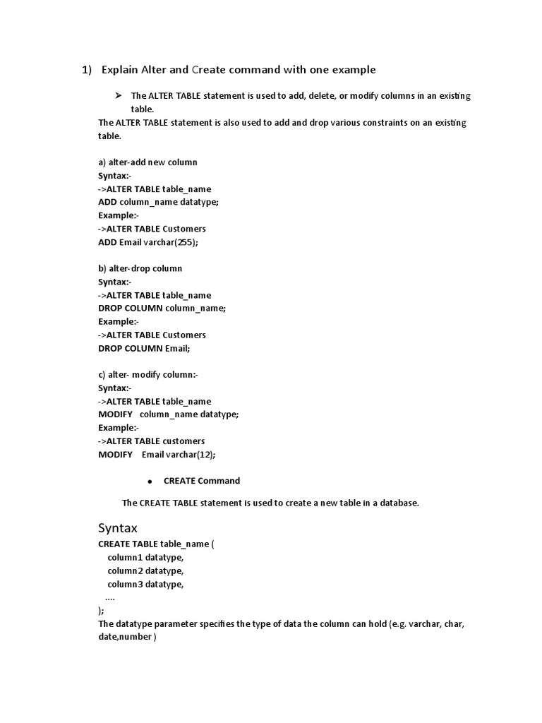 1) Explain Alter and Create Command With One Example: Syntax | PDF | Pl ...